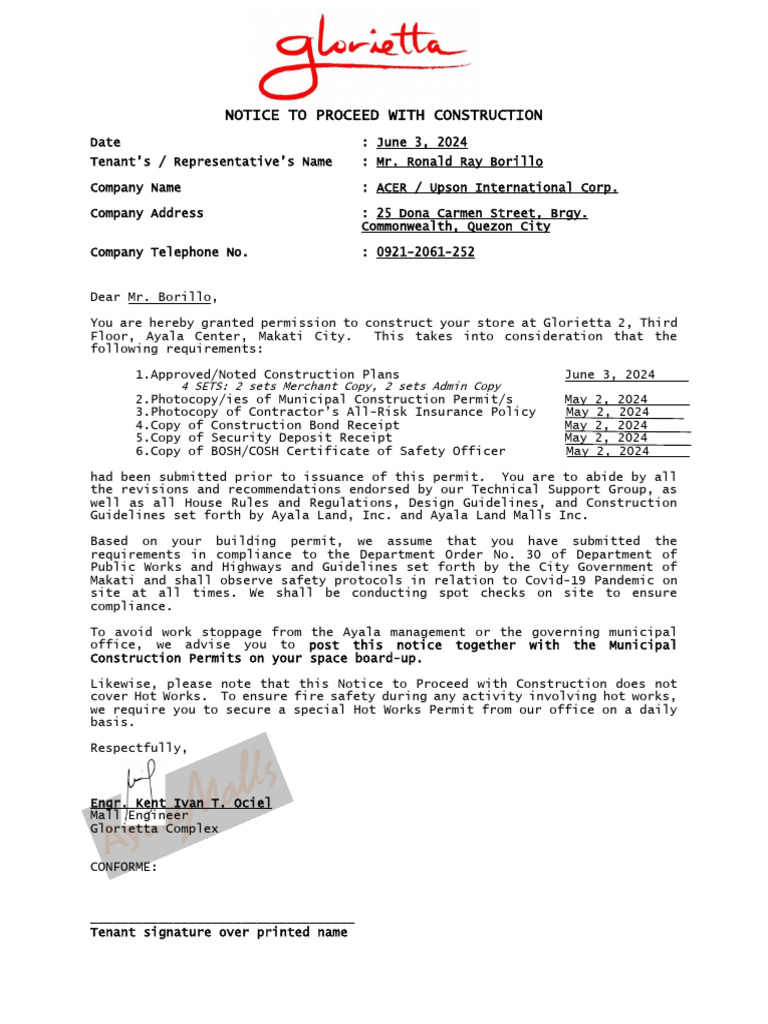 Notice to Proceed: Glorietta Construction | PDF | Finance & Money ...