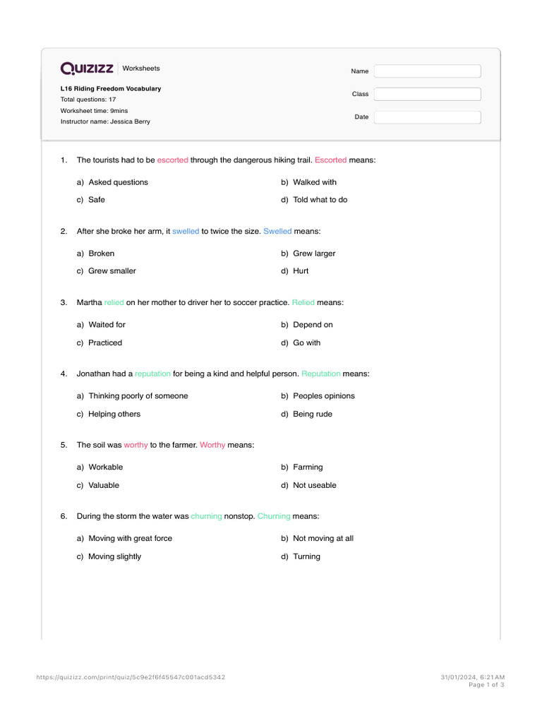 L16 Riding Freedom Vocabulary - Quizizz | PDF