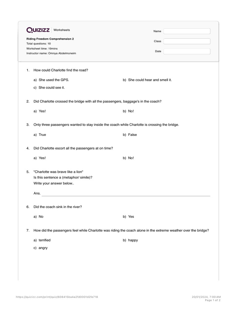 Riding Freedom Comprehension 2 - Quizizz | PDF