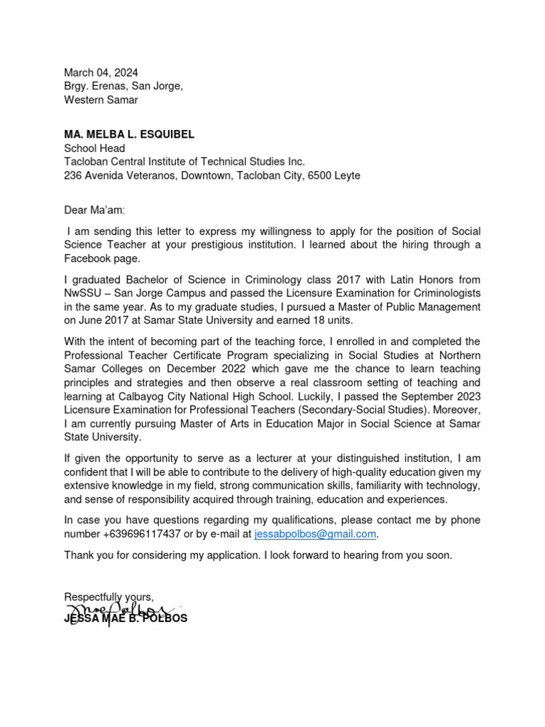 Application for Social Science Teacher Position | PDF | Career & Growth ...