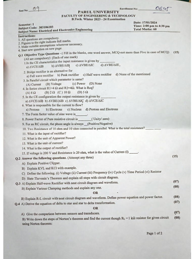 EEE question paper last sem (end sem) | PDF