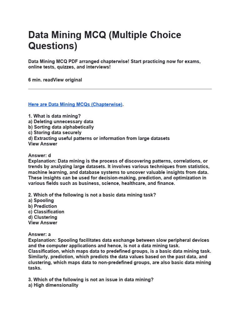 Data Mining MCQ (Multiple Choice Questions) | PDF | Data Mining | Data Data Mining MCQ (Multiple Choice Questions) | PDF | Data Mining | Data