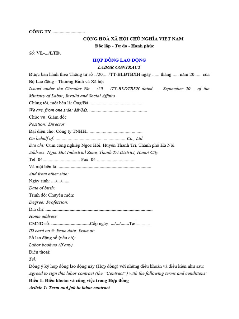 NS - 21 - BM01 - Hop-Dong-Lao-Dong-Song-Ngu-Labor-Contract-Moi-Nhat | PDF
