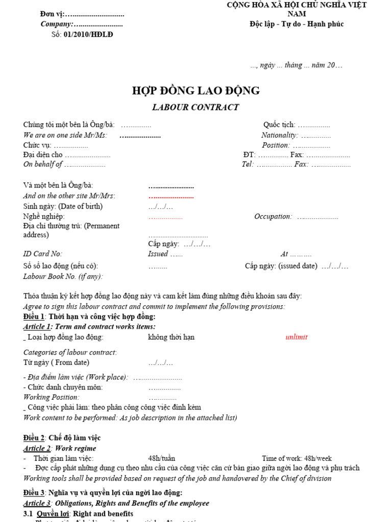 NS - 21 - BM01 - Hop-Dong-Lao-Dong-Song-Ngu-Labour-Contract | PDF