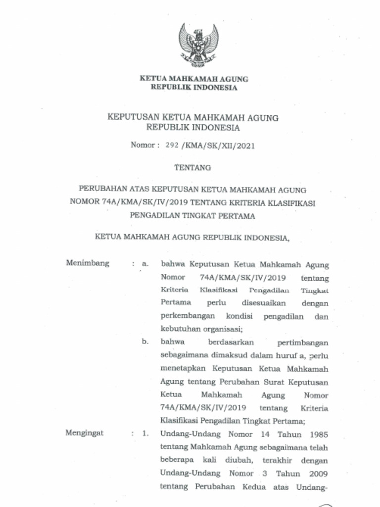 SK KMA 292 Tahun 2021 TTG Kriteria Klasifikasi Pengadilan Tingkat Pertama | PDF