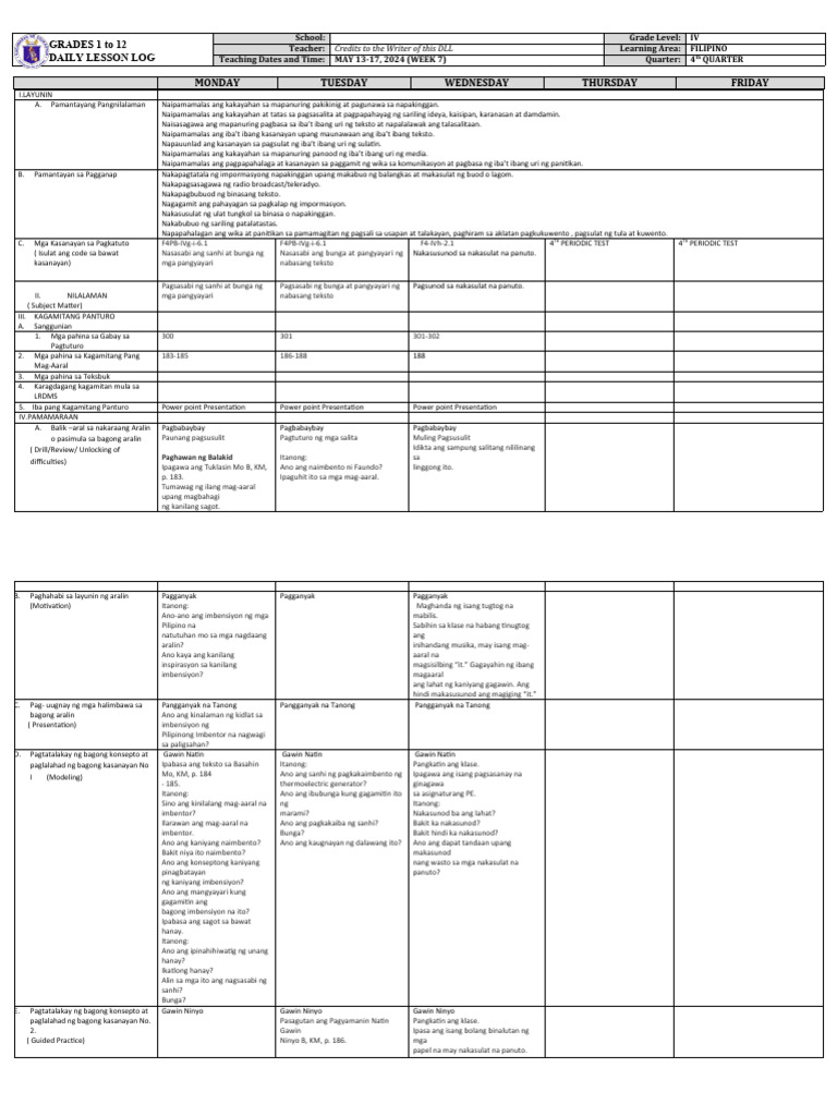 DLL - Filipino 4 - Q4 - W7 | PDF