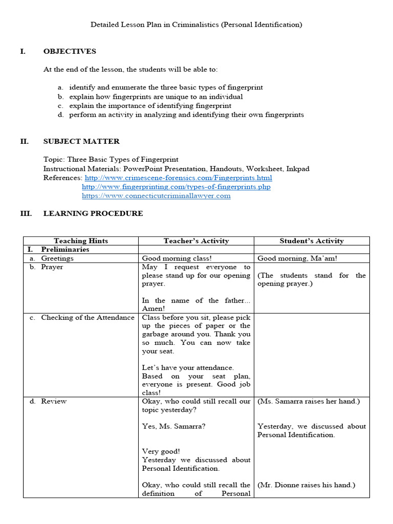 Criminologist Demo Teaching Lesson Plan | PDF | Fingerprint