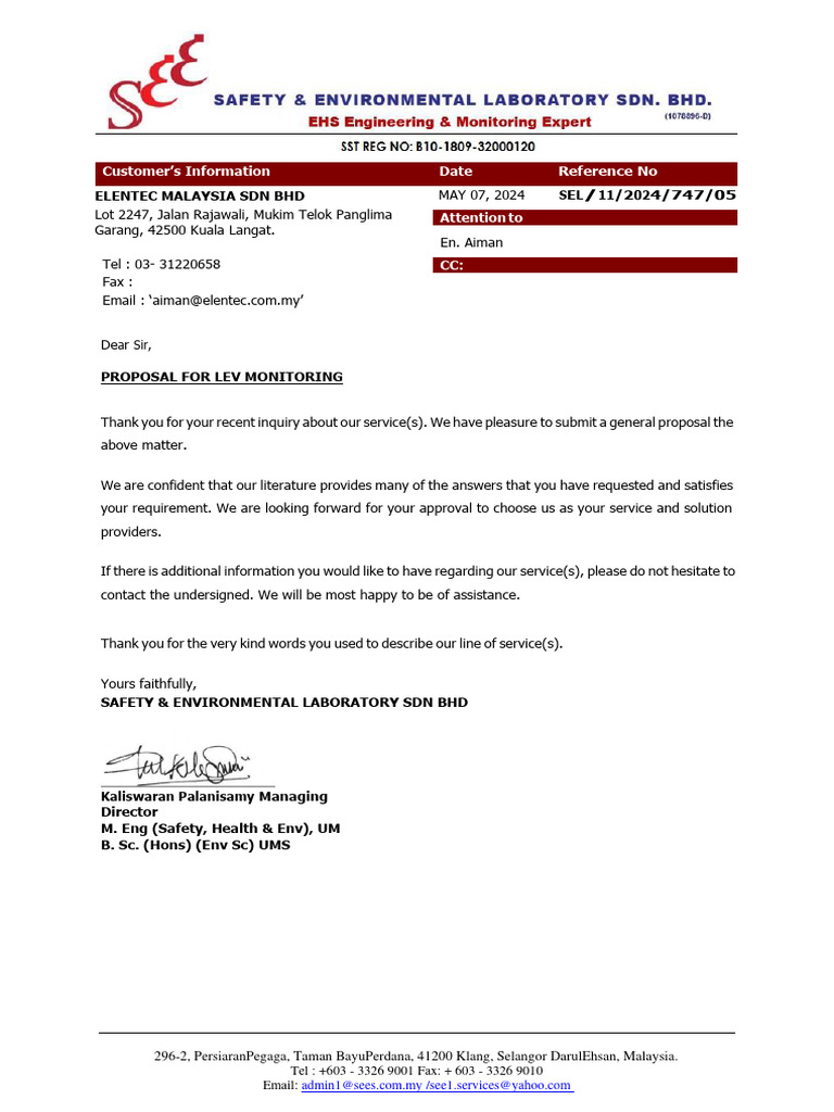 Safety & Environmental Laboratory SDN BHD - LEV MONITORING ELENTEC ...