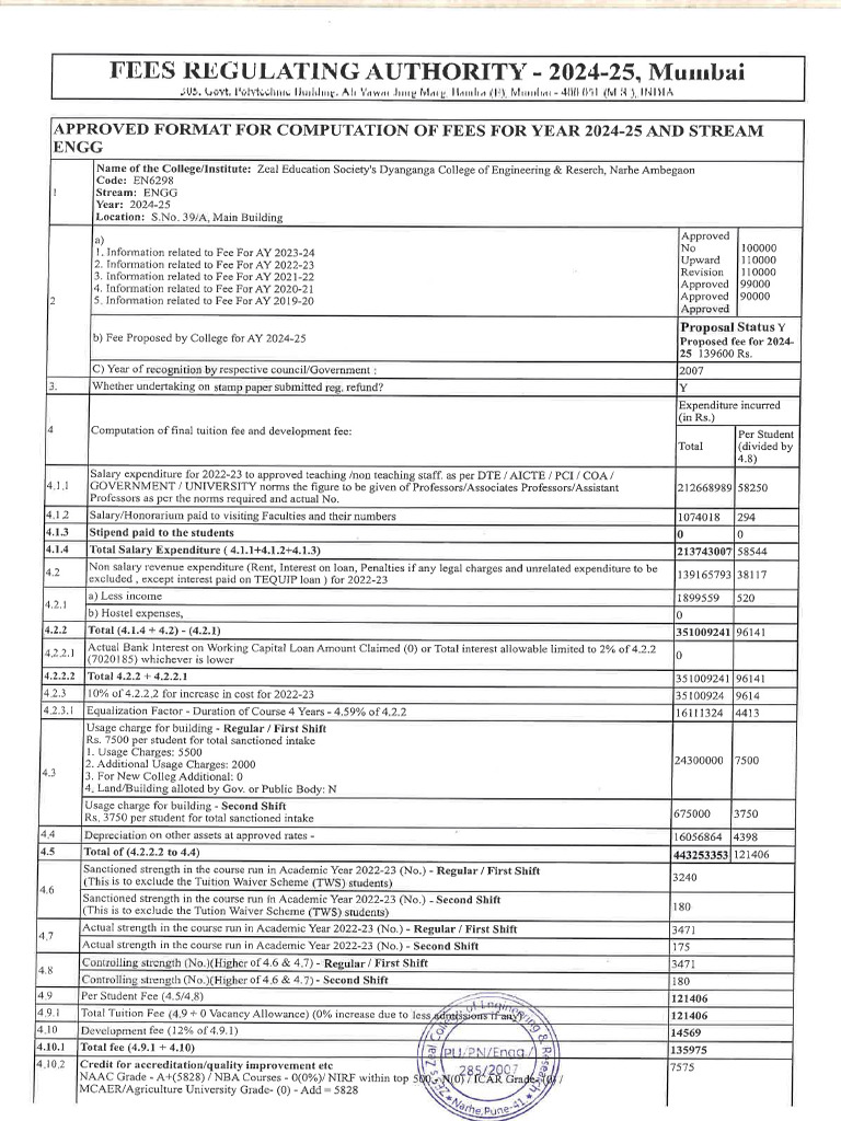 Computation of Fees For A.Y. 2024 25 | PDF