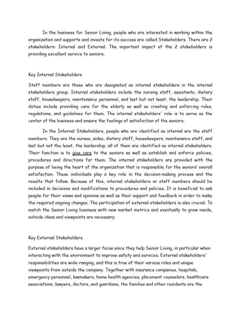 Stakeholders in Senior Living Care | PDF | Stakeholder (Corporate ...