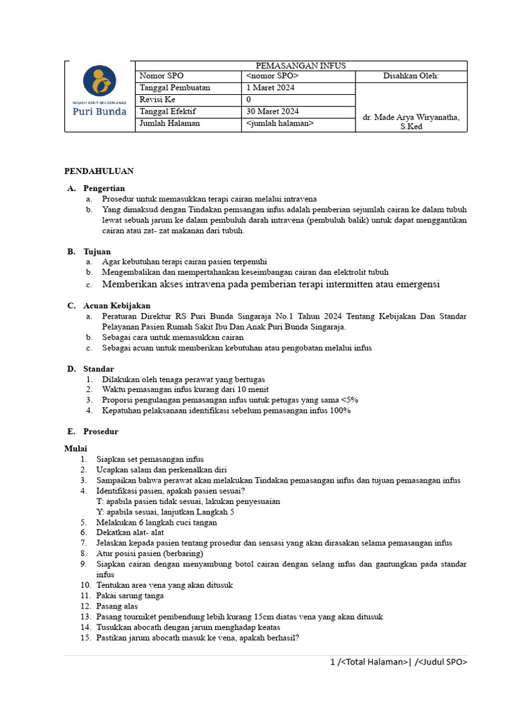 Standar SPO Pemasangan Infus | PDF