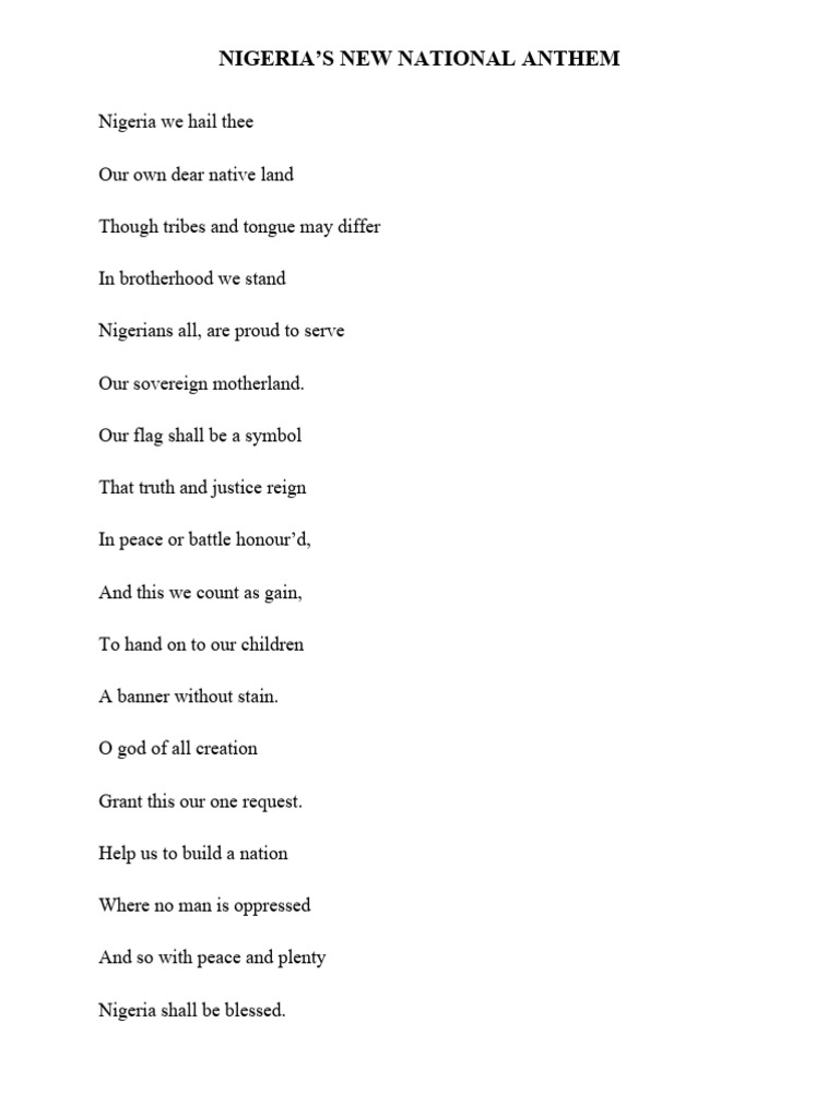 Nigeria's New National Anthem Lyrics | PDF | Religion & Spirituality