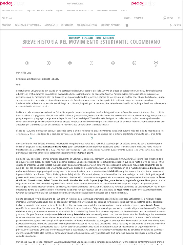 Breve Historia Del Movimiento Estudiantil Colombiano - Radio ...