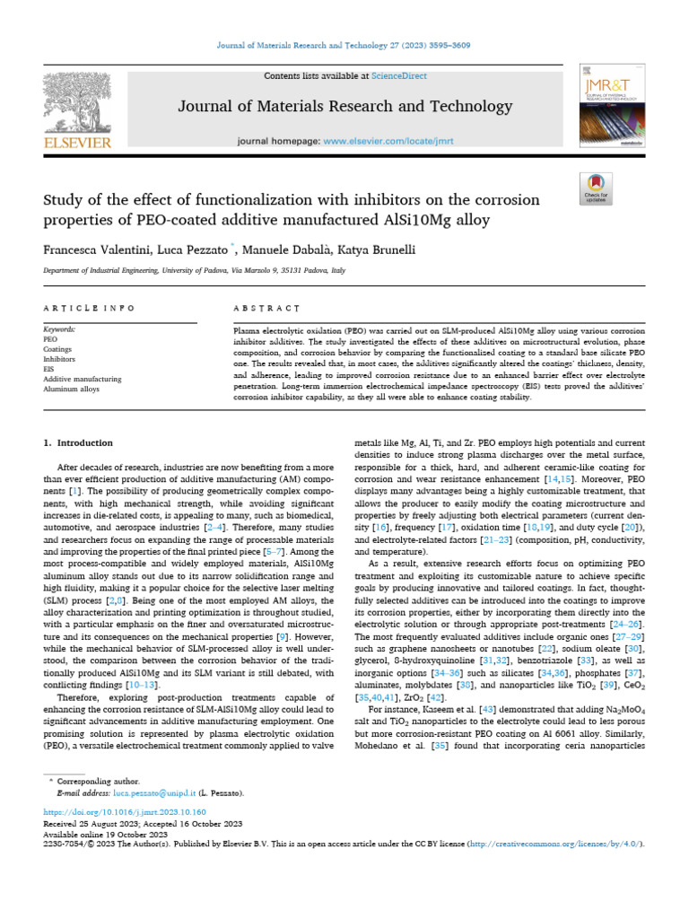 Study of The Effect of Functionalization With Inhibitors On The Corrosion Properties of PEO ...
