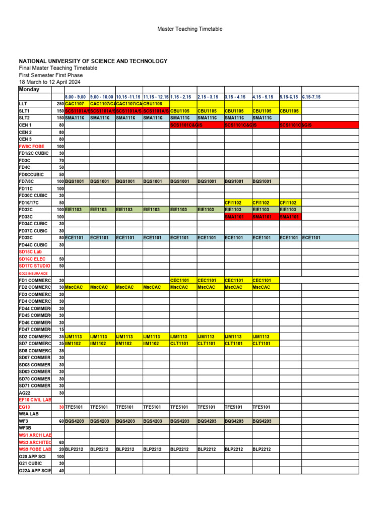 First Semester First Phase Master Teaching Timetable (March 2024 Intake ...
