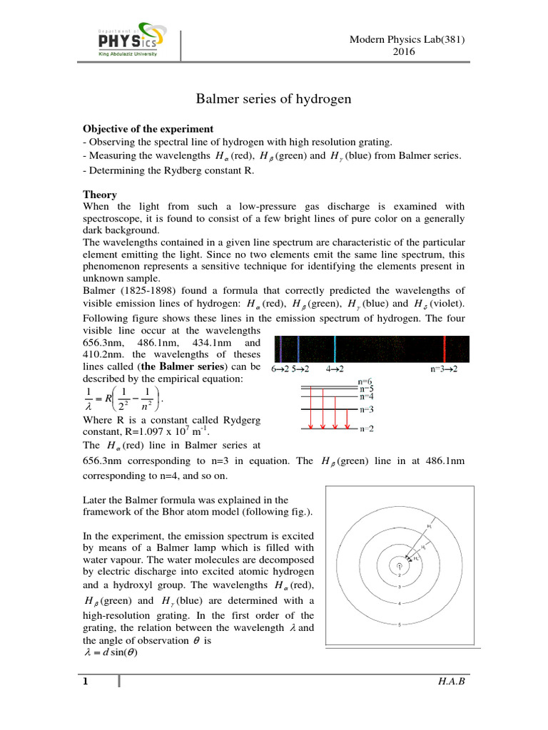 Balmer Series of Hydrogen-16 | PDF | Emission Spectrum | Physics
