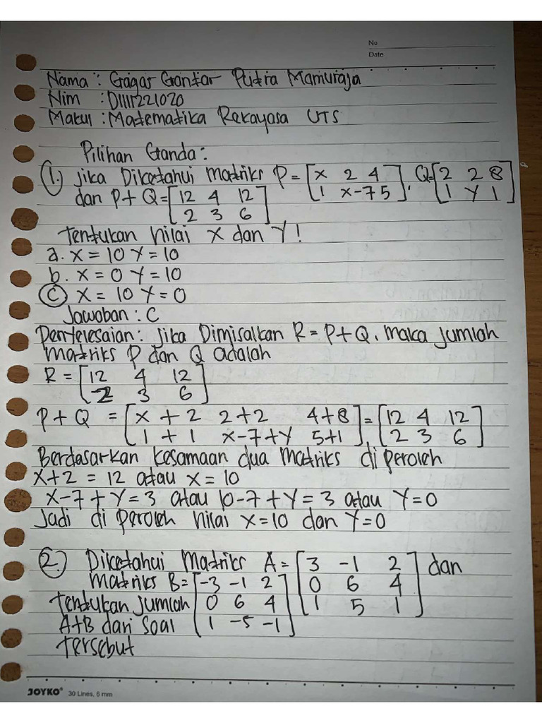Uts Matematika Rekayasa Gagas - Gantar - Putra - Mamuraja - D1111221020 | PDF