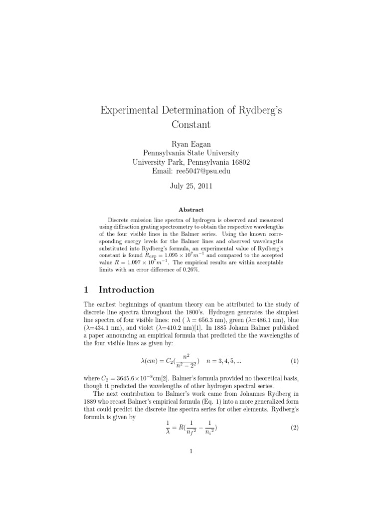 Experimental Determination of Rydbergs C | PDF | Emission Spectrum | Energy Level