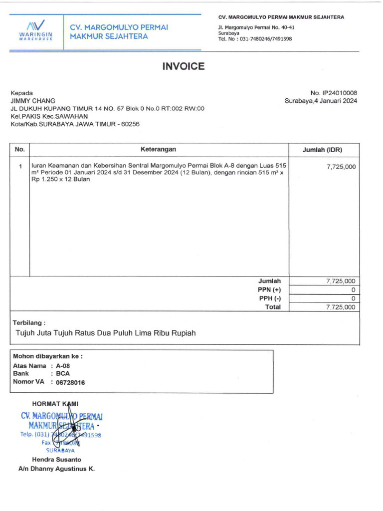 Invoice Iuran Keamanan Dan Kebersihan Gudang Sentral Margomulyo Permai Blok A-8 (Jimmy Chang) | PDF