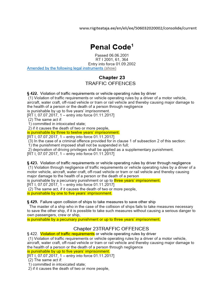 Penal Code | PDF | Punishments | Traffic