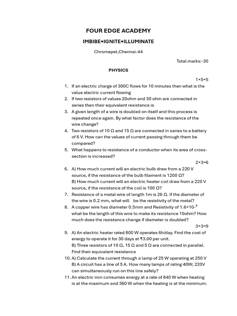 Physics-30 marks test (1) | PDF | Electrical Resistance And Conductance ...