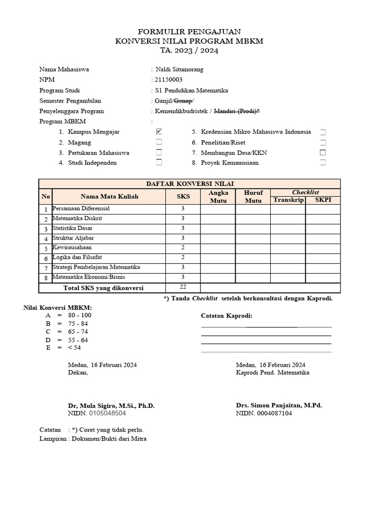 Form Konversi Nilai MBKM 1 | PDF