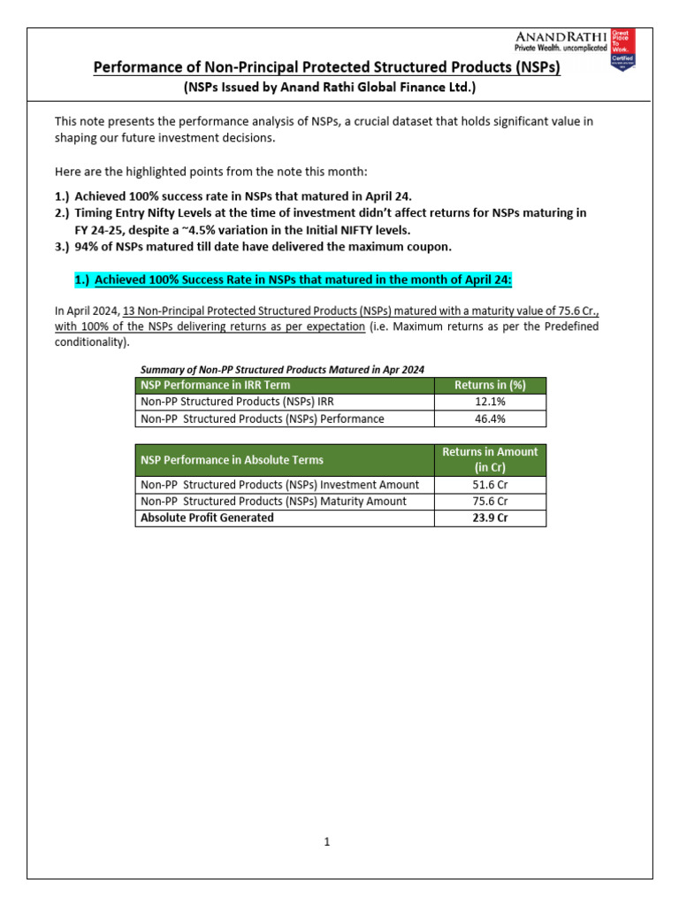Note For Performance of Non Principal Protected SPs - Apr 2024 | PDF ...