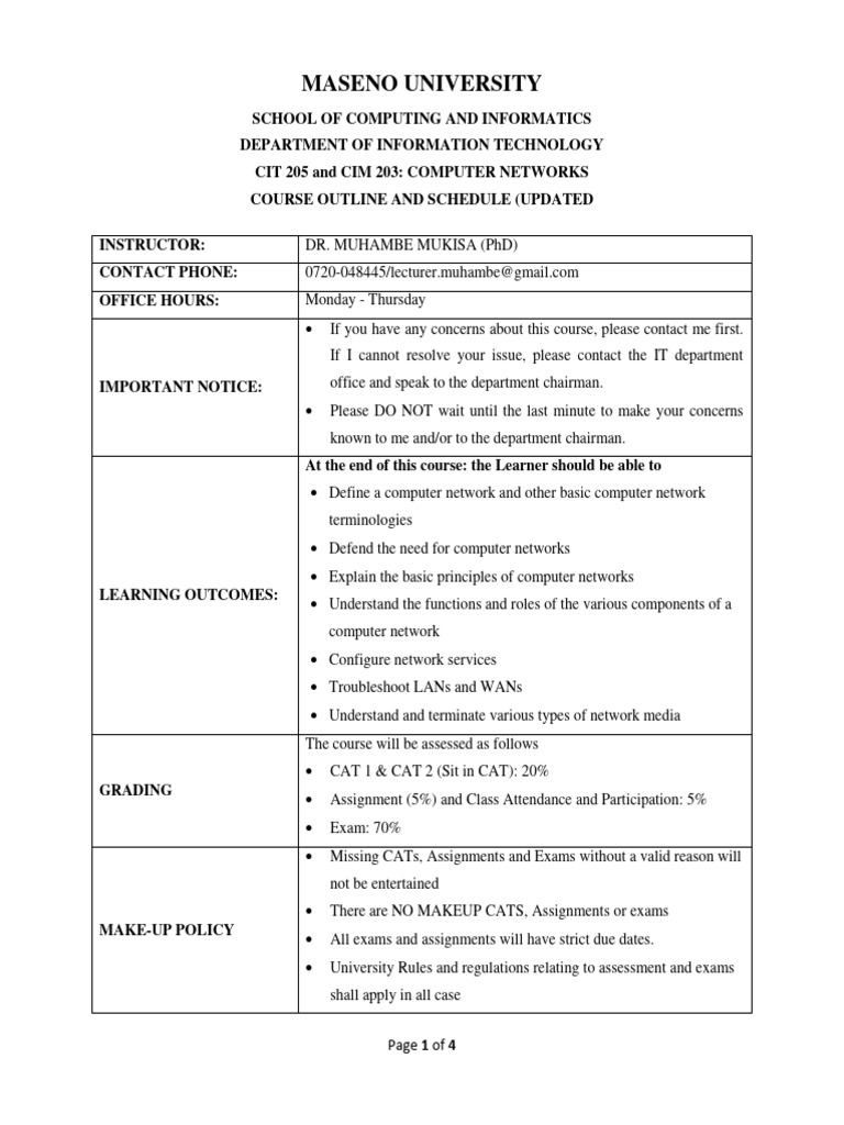 CIT 205: Computer Networks Course Outline | PDF | Computer Network ...