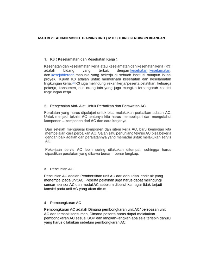 Pelatihan Teknik AC: K3 dan Perawatan | PDF
