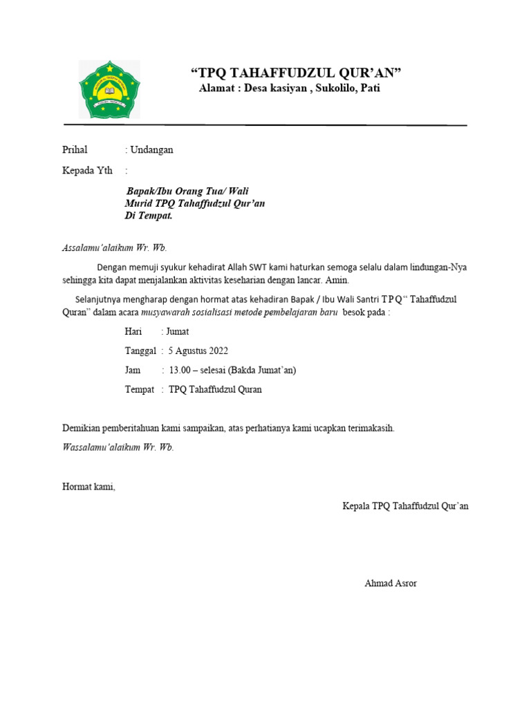Surat Undangan Wali Santri TPQ | PDF