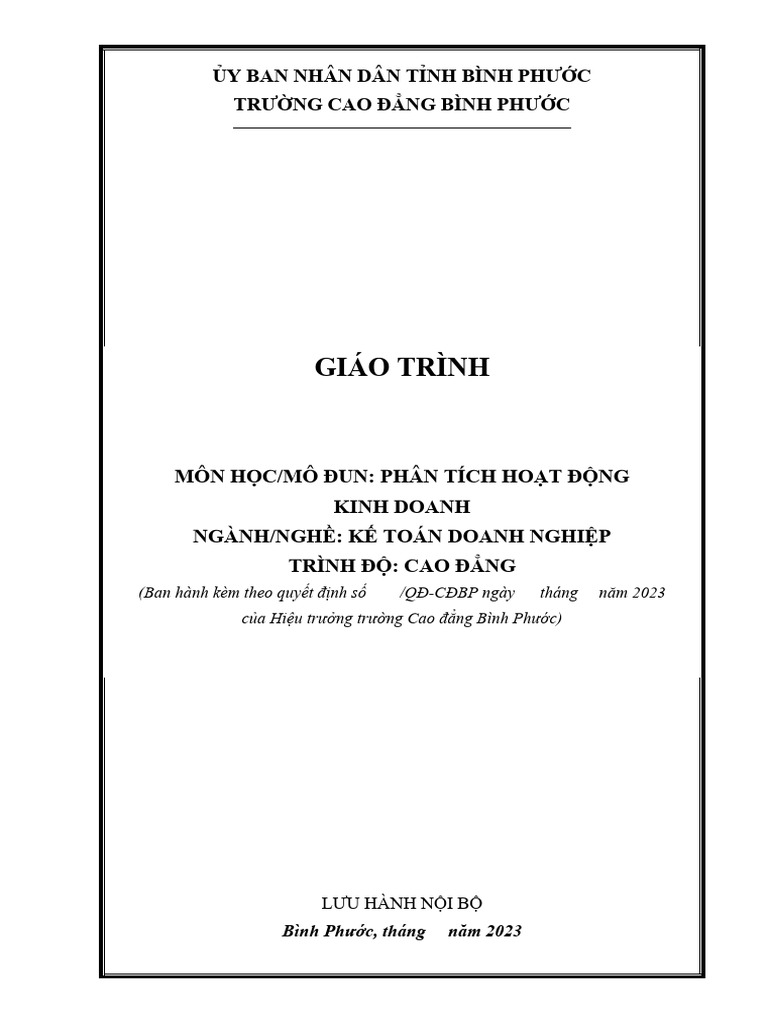Giáo Trình Phân Tích HĐKD (MH18.CKD) | PDF