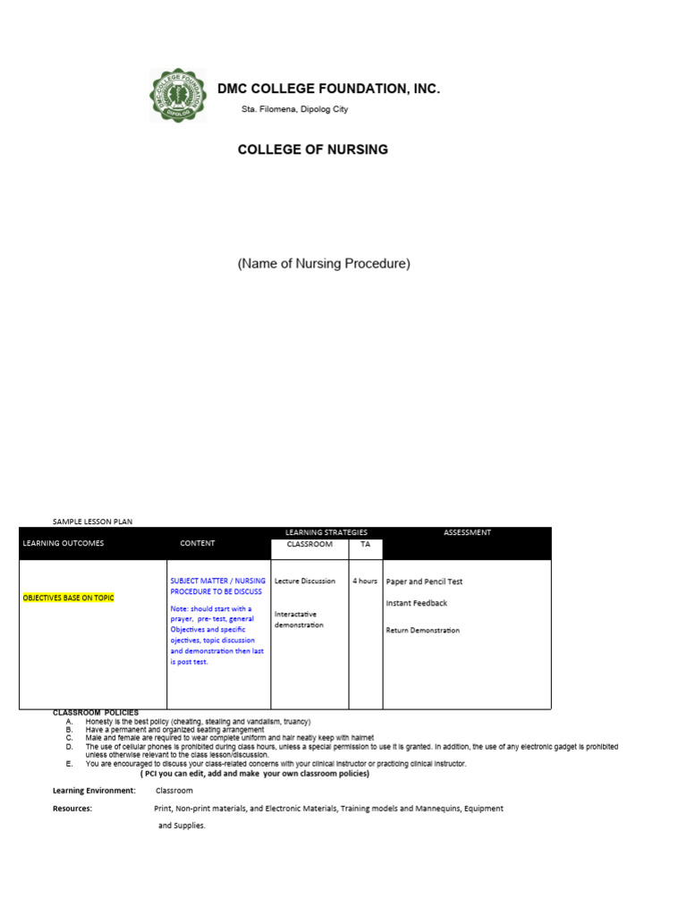 Pci Sample Lesson Plan | PDF | Lesson Plan | Nursing