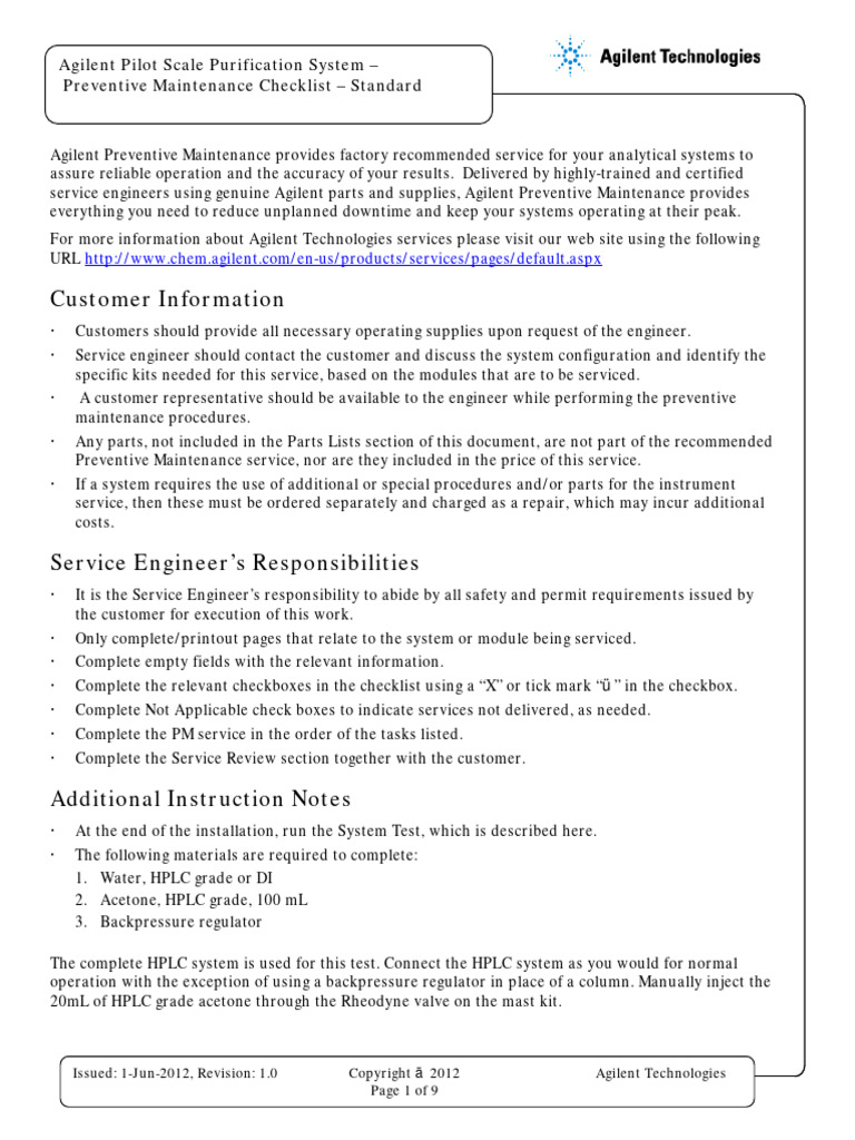 Agilent Pilot Scale Purification System - Preventive - Maintenance - Checklist | PDF | Pump ...
