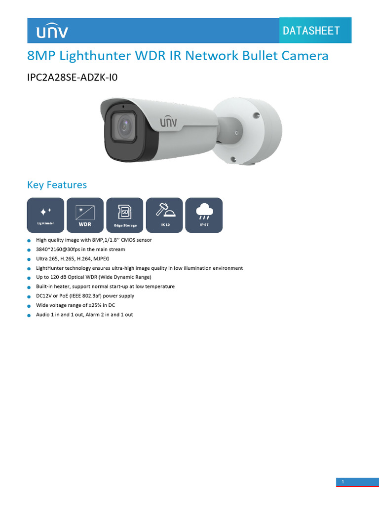 UNV【Datasheet】IPC2A28SE-ADZK-I0 8MP Lighthunter WDR IR Network Bullet Camera Datasheet V1.2-En ...