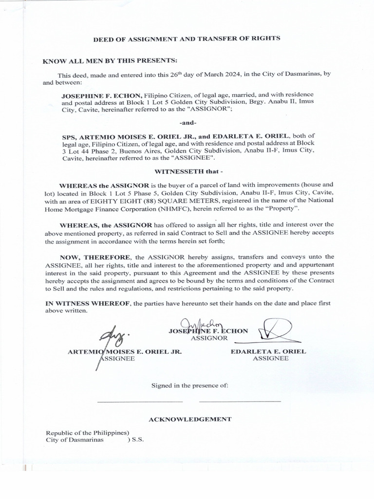 Deed of Assignment and Transfer of Rights | PDF