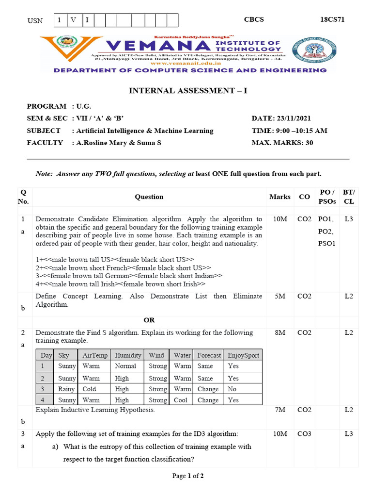 18CS71 Ia1 QP | PDF | Computational Neuroscience | Cognition