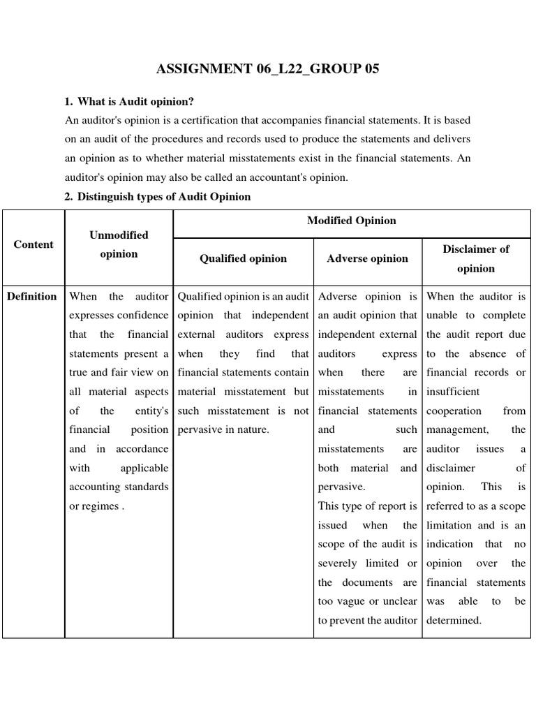 Assignment 6. L22. GROUP 05 | PDF | Auditor's Report | Audit