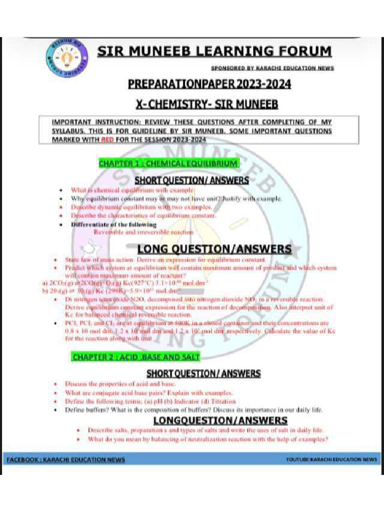 X Chemistry Preparation Paper 2024 by Sir Muneeb | PDF