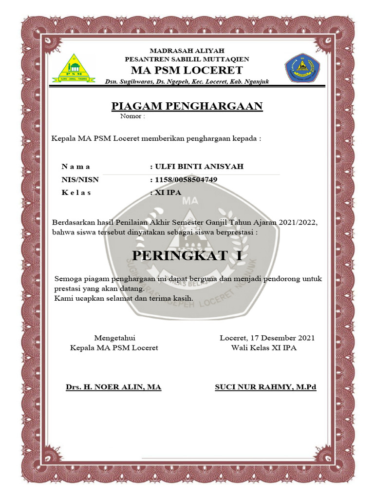 Piagam Siswa Terbaik | PDF