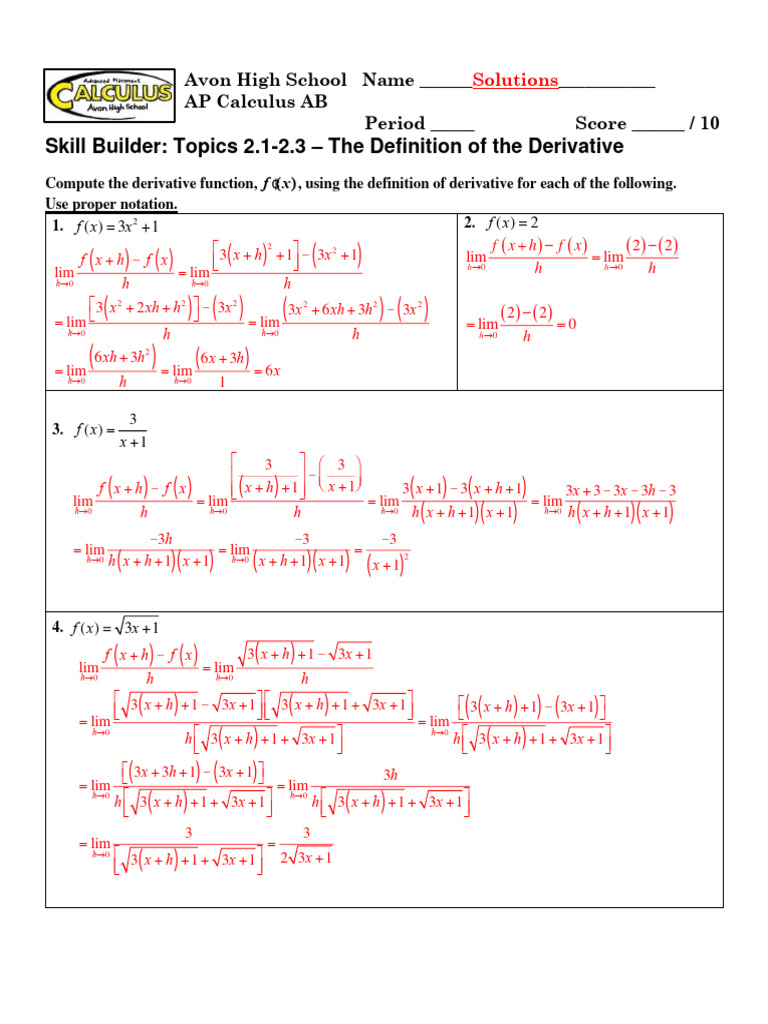 Topic 2.1-2.3 - Definition of The Derivative - SOLUTIONS | PDF | Mathematical Analysis ...