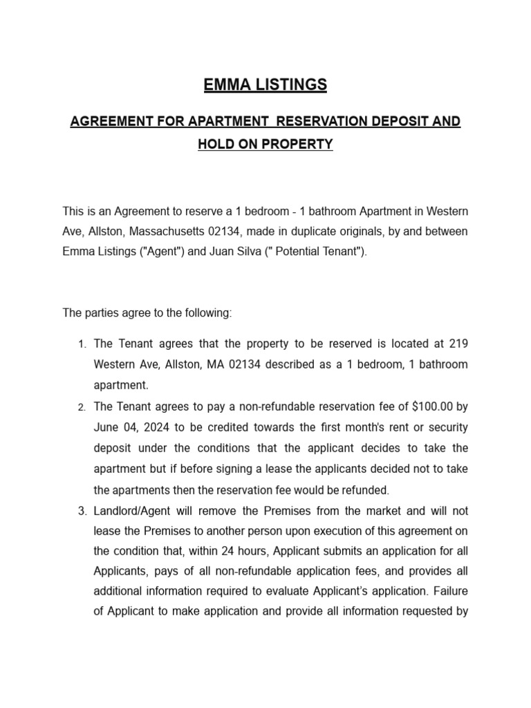 Reservation Agreement | PDF | Lease | Landlord
