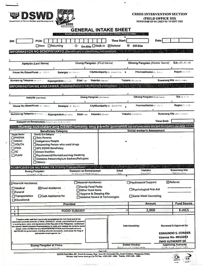 DSWD-FORM-INTAKE (1) | PDF