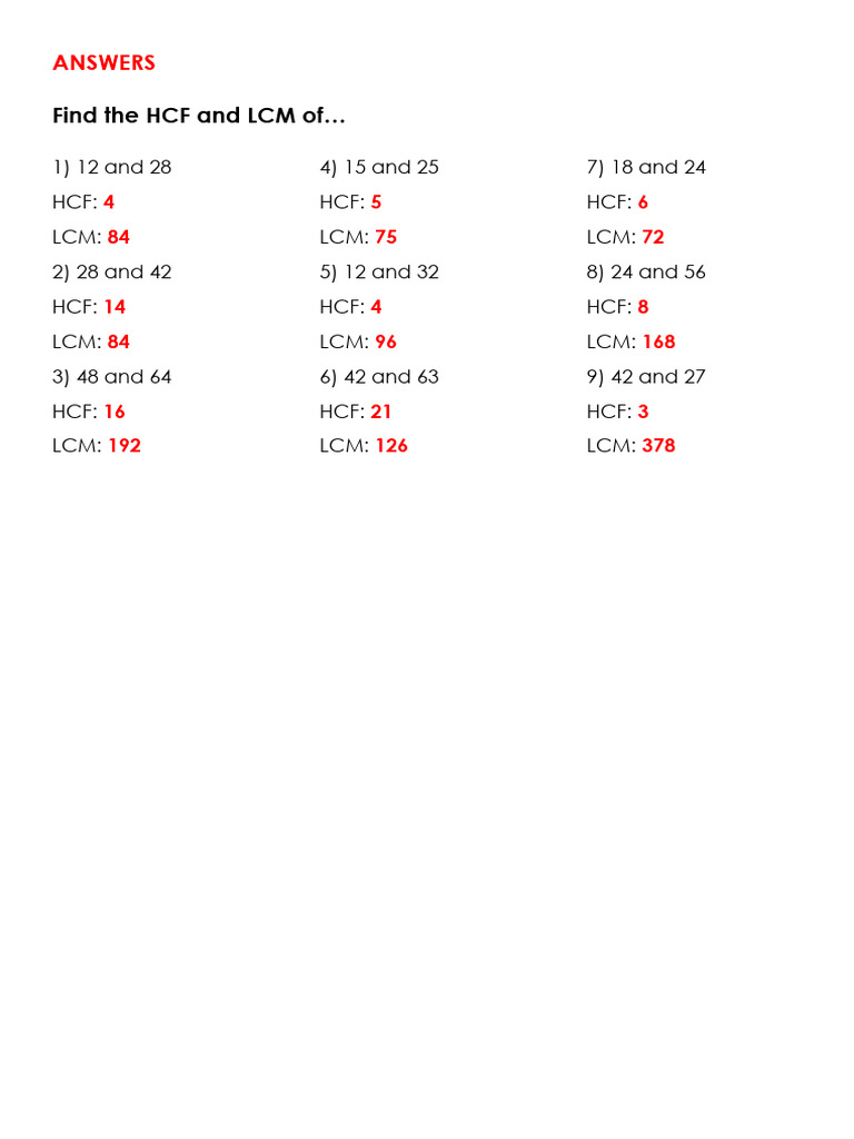 HCF and LCM Calculation Answers | PDF | Teaching Methods & Materials ...