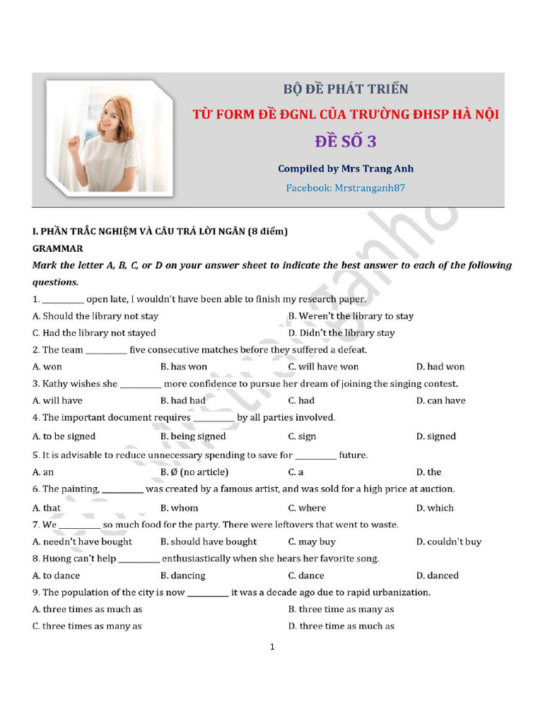 Tu Form de DGNL Cua Truong DHSP Ha Noi de So 3 Phan Trac Nghiem Va Cau ...