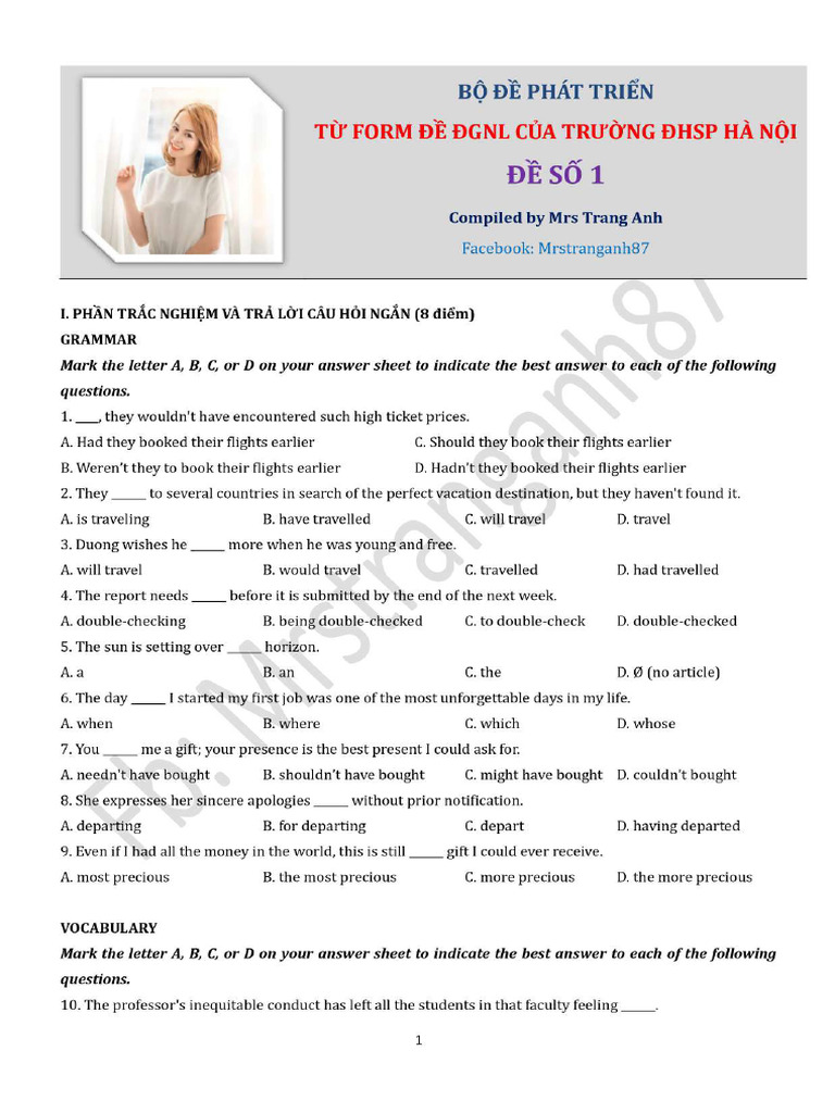 Tu Form de DGNL Cua Truong DHSP Ha Noi de So 1 Phan Trac Nghiem Va Cau ...