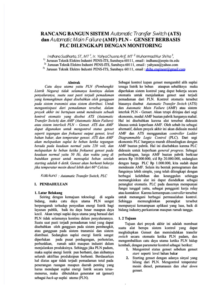 PDF Rancang Bangun Sistem Ats Dan Amf PLN Genset Berbasis PLC Dilengkapi Dengan Monitoring ...