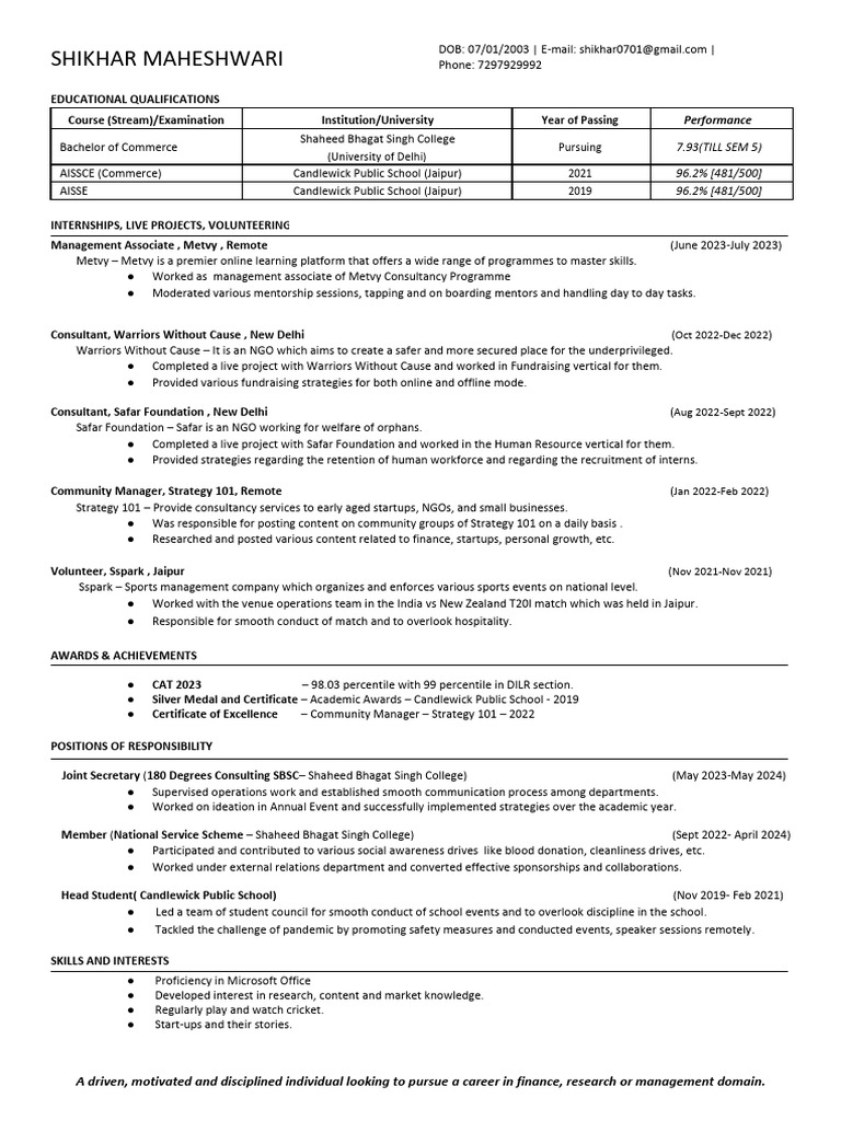 Shikhar Maheshwari - RESUME | PDF | Business