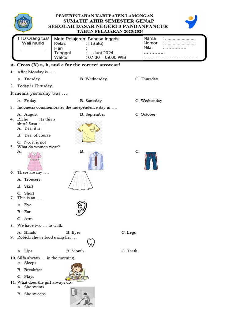 SOAL Bu Wiwin BAHASA INGGRIS KELAS 1 SAS GENAP FIX | PDF