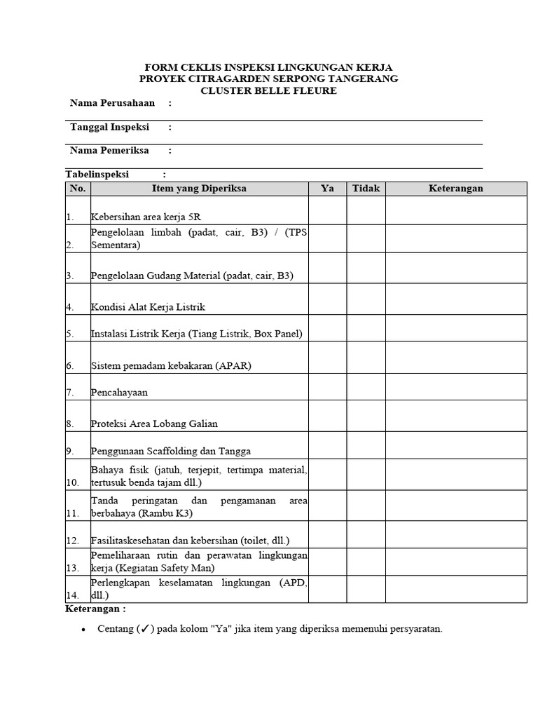 Form Ceklis Inspeksi Lingkungan Kerja | PDF | Teknologi & Rekayasa