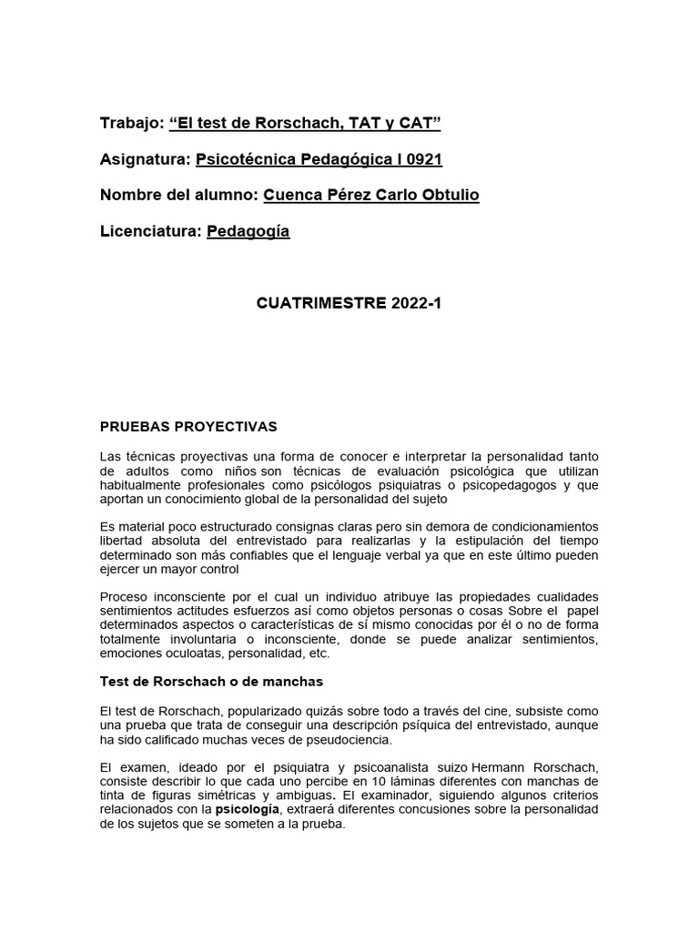 Test Rorschach, TAT y CAT en Psicología | PDF | Sicología | Cognición